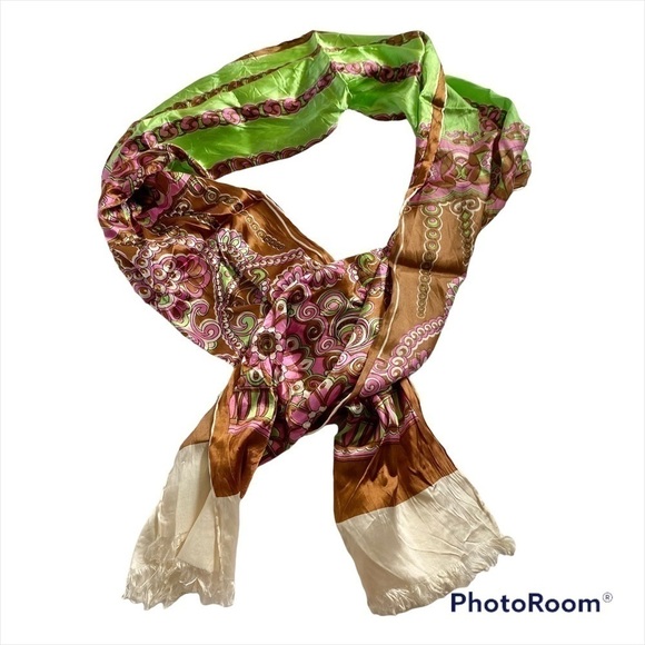 Vintage | Accessories | Vintage Silky Neck Scarf Brown Green Chain Link ...